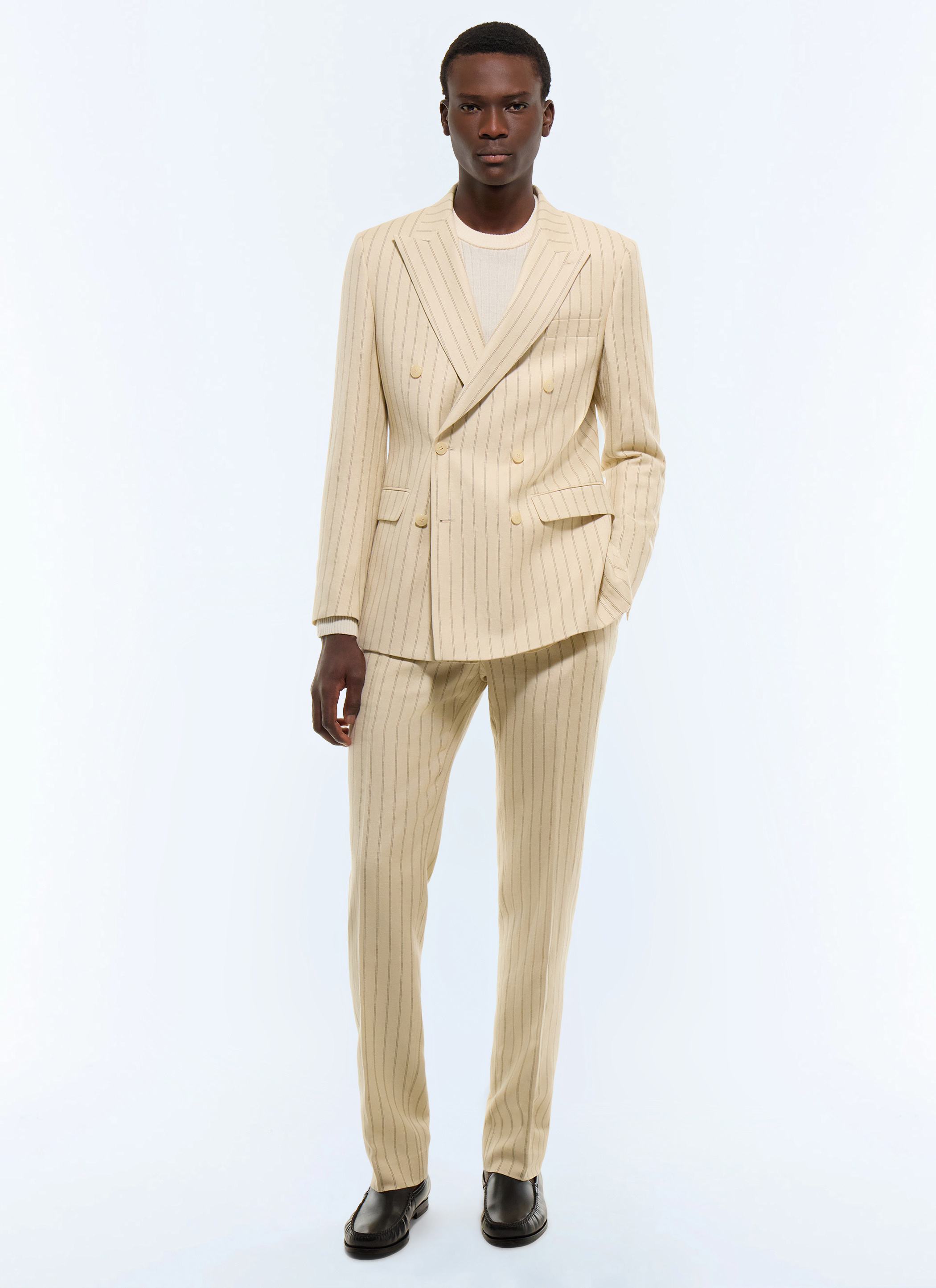 Beige - Contrasting stripes double-breasted cut suit C3FOUG-JC40-A005 ...