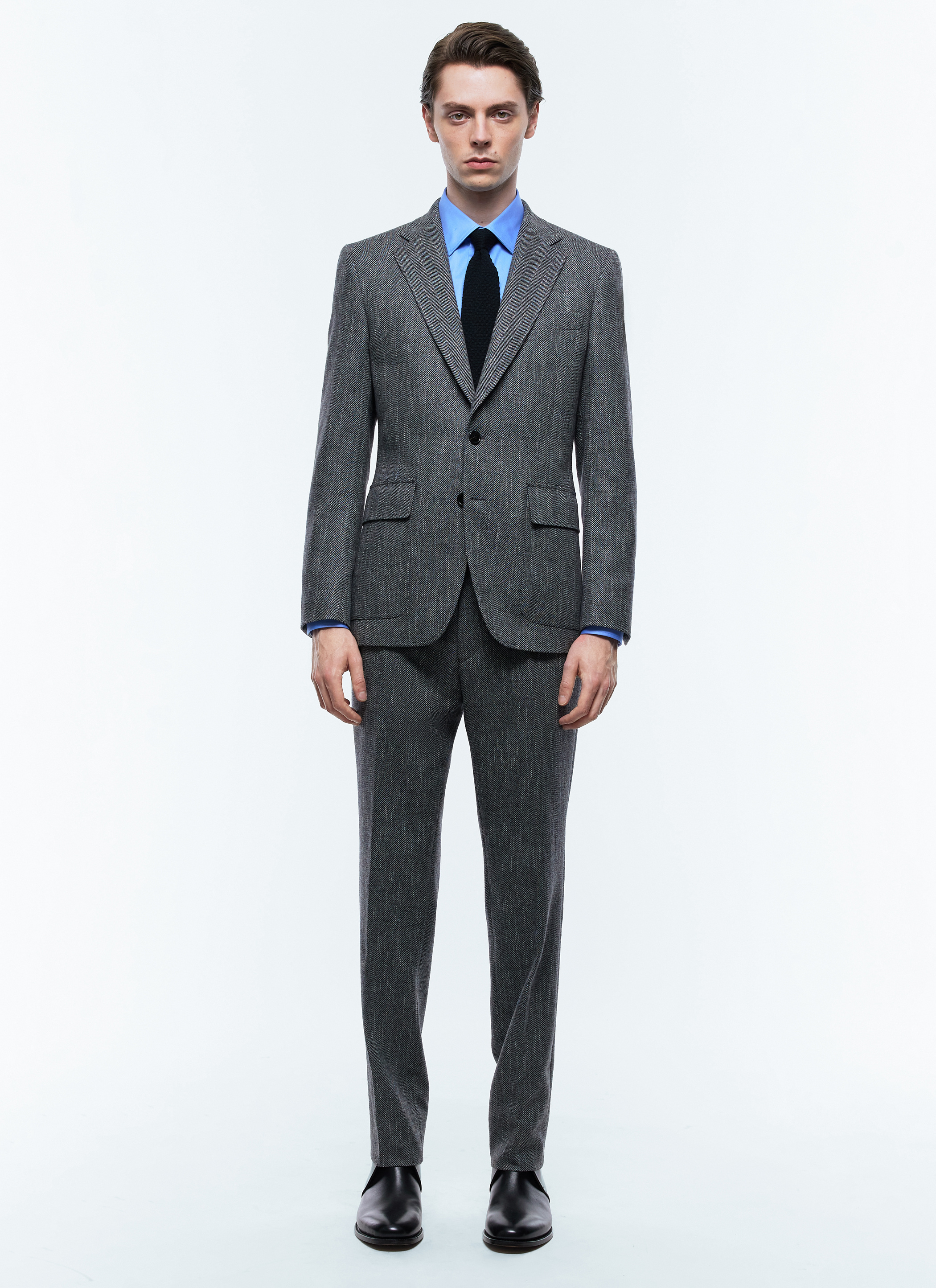 Grey Herringbone Pattern Slim Fit Suit for Men - Fursac C3CITO-CX40-B022