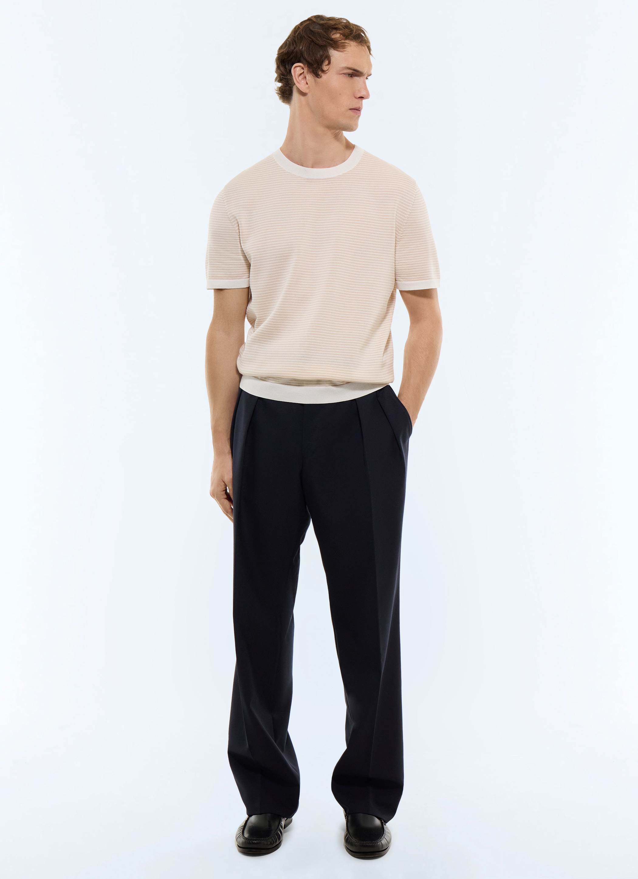 T-shirt Blanc et Beige Rayé Coton Homme - Fursac A2SATU-JA22-A006
