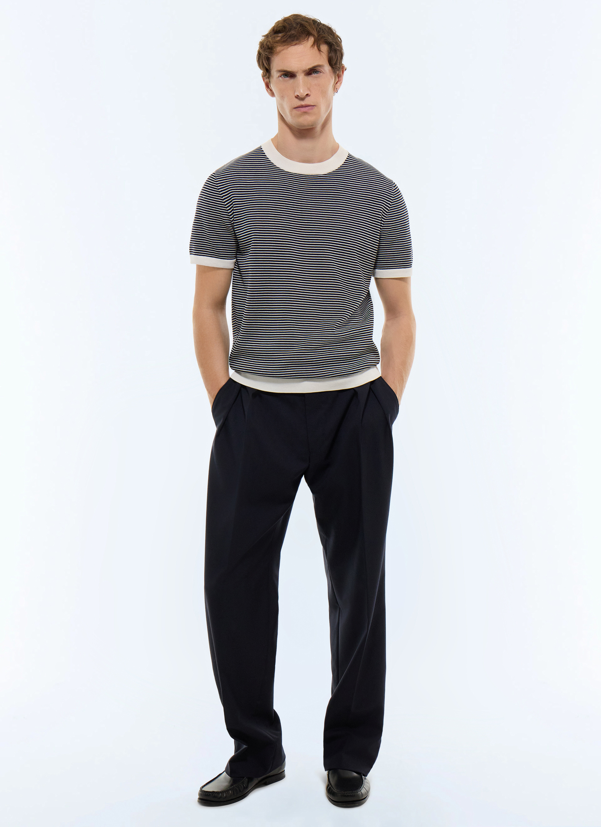 T-shirt Blanc et Bleu Marine Rayé Coton Homme - Fursac A2SATU-JA22-D030